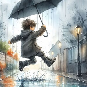 Little Boy Jumping in Puddles Clip Art Kit 10 High Res Watercolor Jpgs ...