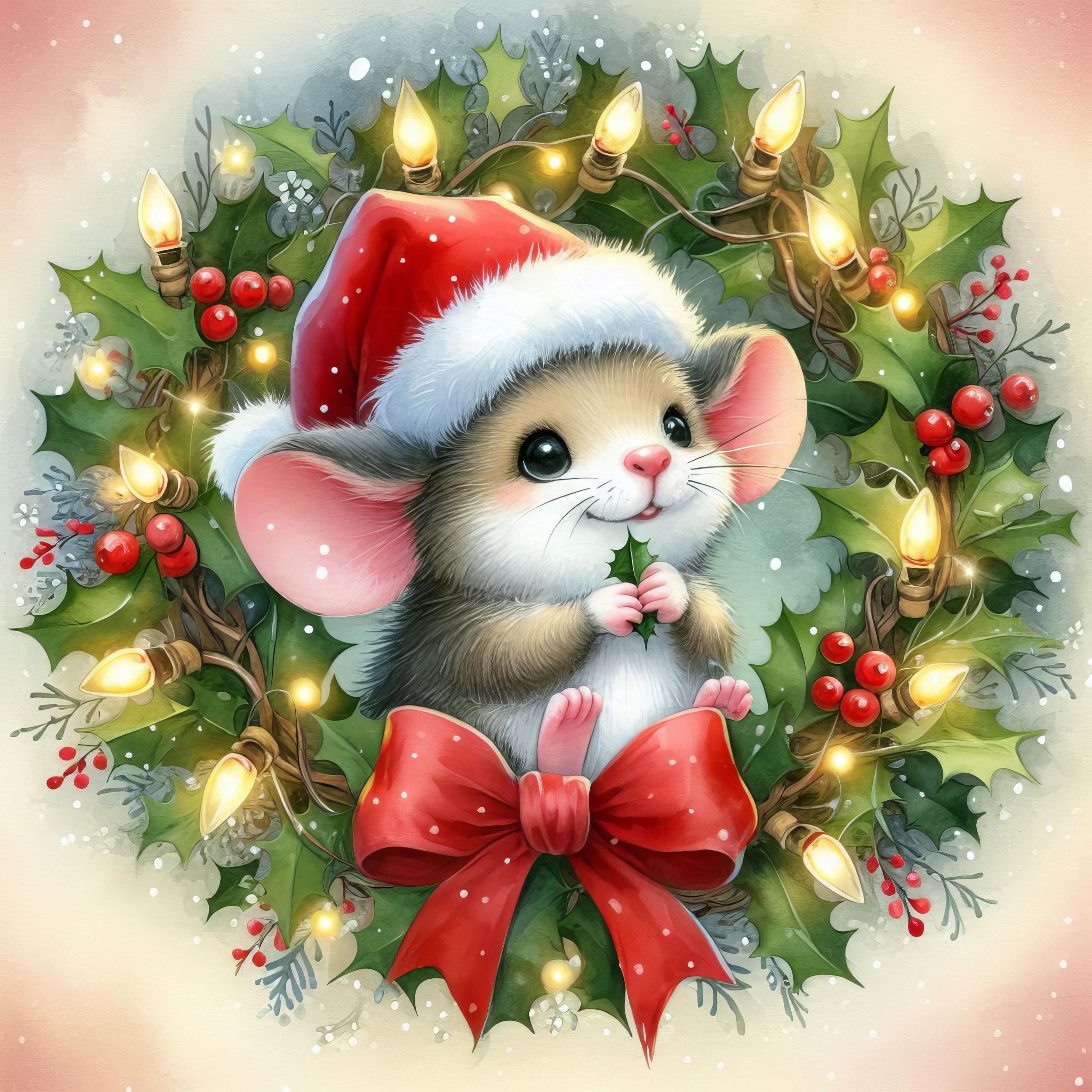 Christmas Mouse in Wreath: 10 High Res Watercolor Jpgs, Junk Journaling ...