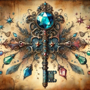 Gothic Jeweled Key Clip Art 10 High Res Watercolor Jpgs for Junk ...