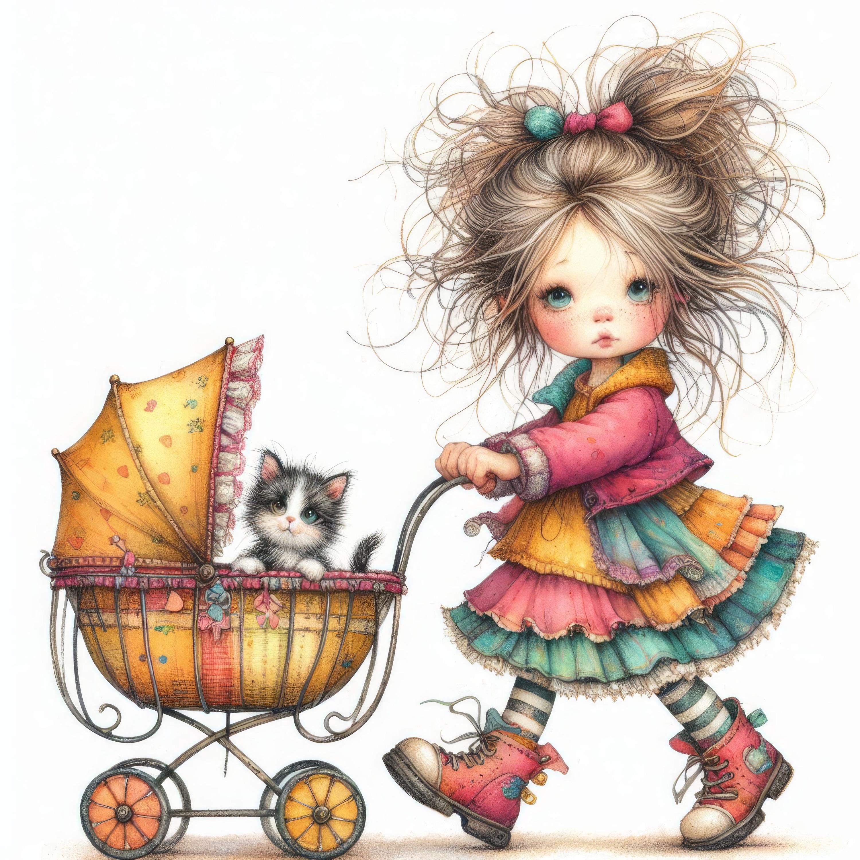 Whimsical Doll Buggy: 10 High Res Watercolor Jpgs, Junk Journaling ...