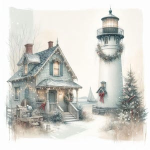 Christmas Lighthouse: Clip Art 10 High Res Watercolor Jpgs Junk ...