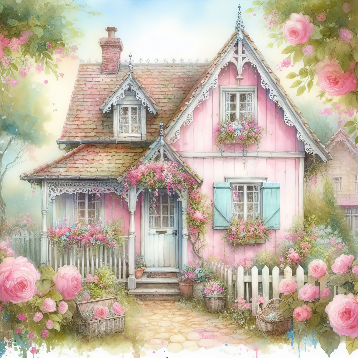 Pink Rose Cottage Clip Art 10 High Res Watercolor Jpgs for Junk ...