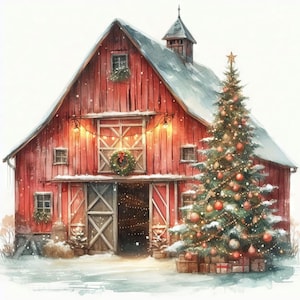 Vintage Red Barn: Christmas, Clip Art, 10 High Res Watercolor Jpgs ...