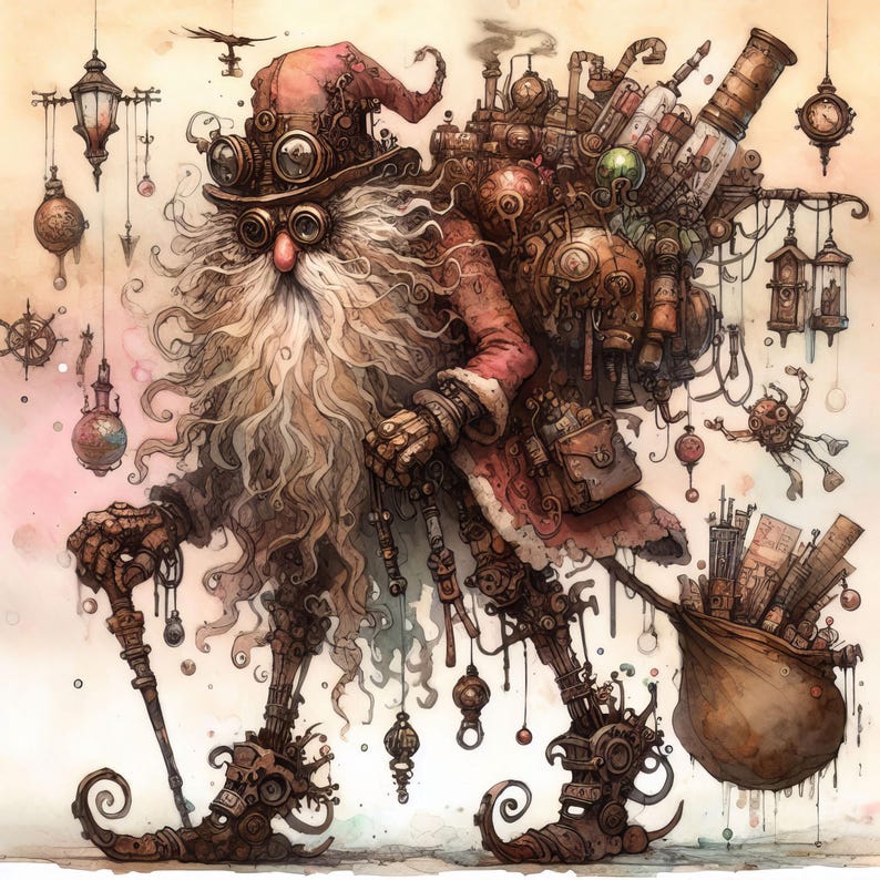 Steampunk Santa: 10 High Res Watercolor Jpgs, Junk Journaling, Card ...