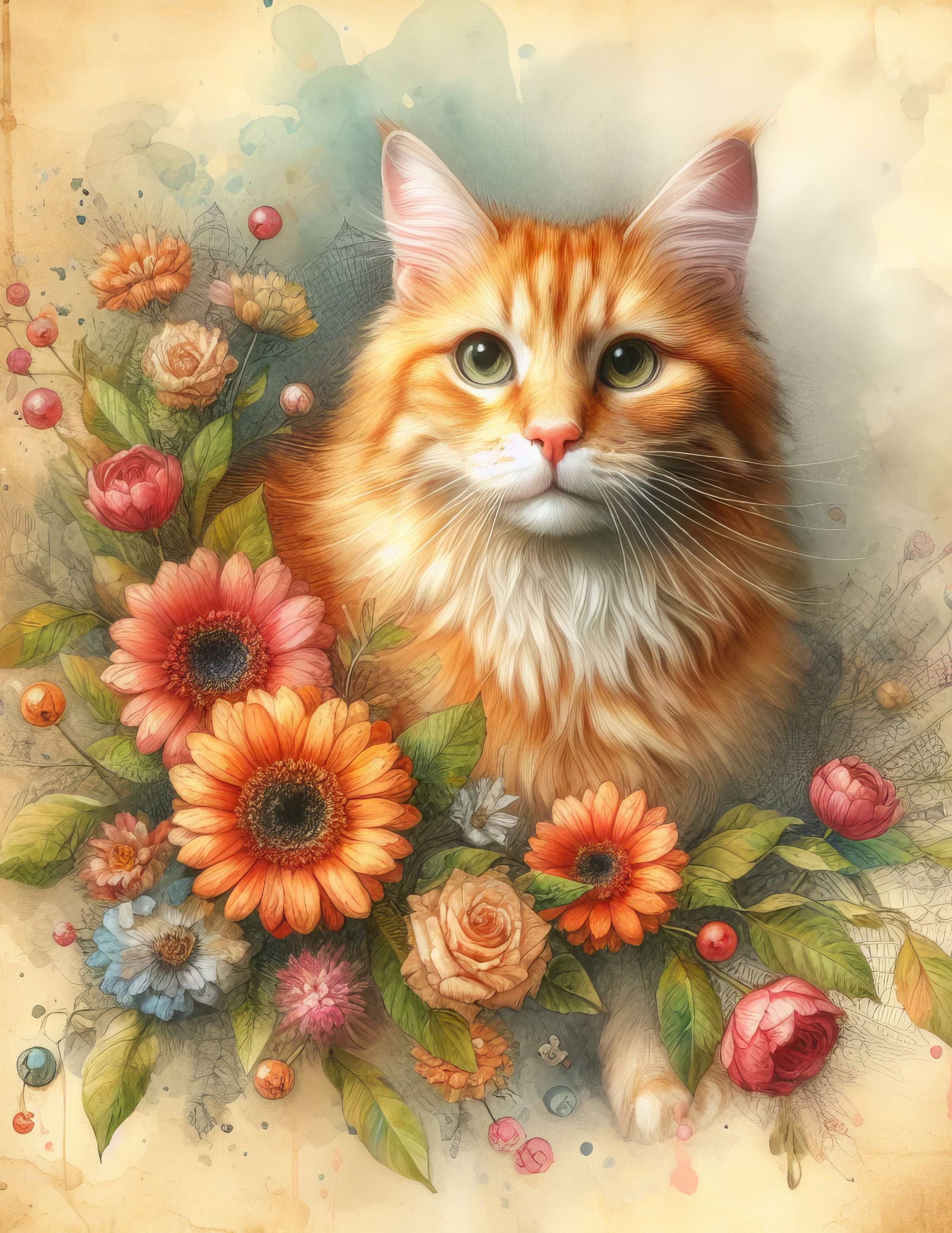 Orange Tabby Cat: 10 High Res Watercolor Jpgs, Junk Journaling ...