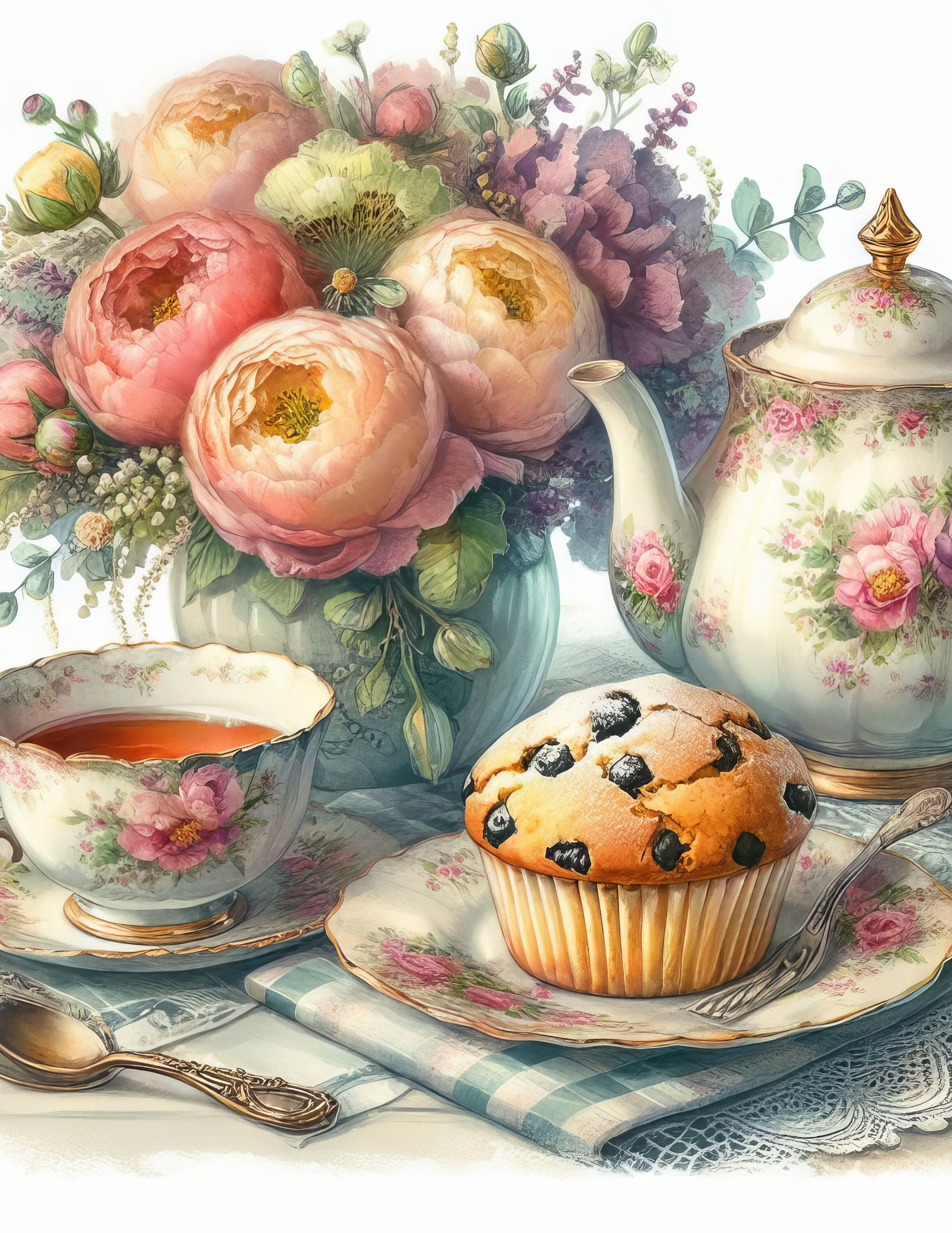 Vintage Tea Set: 10 High Res Watercolor Jpgs, Junk Journaling ...