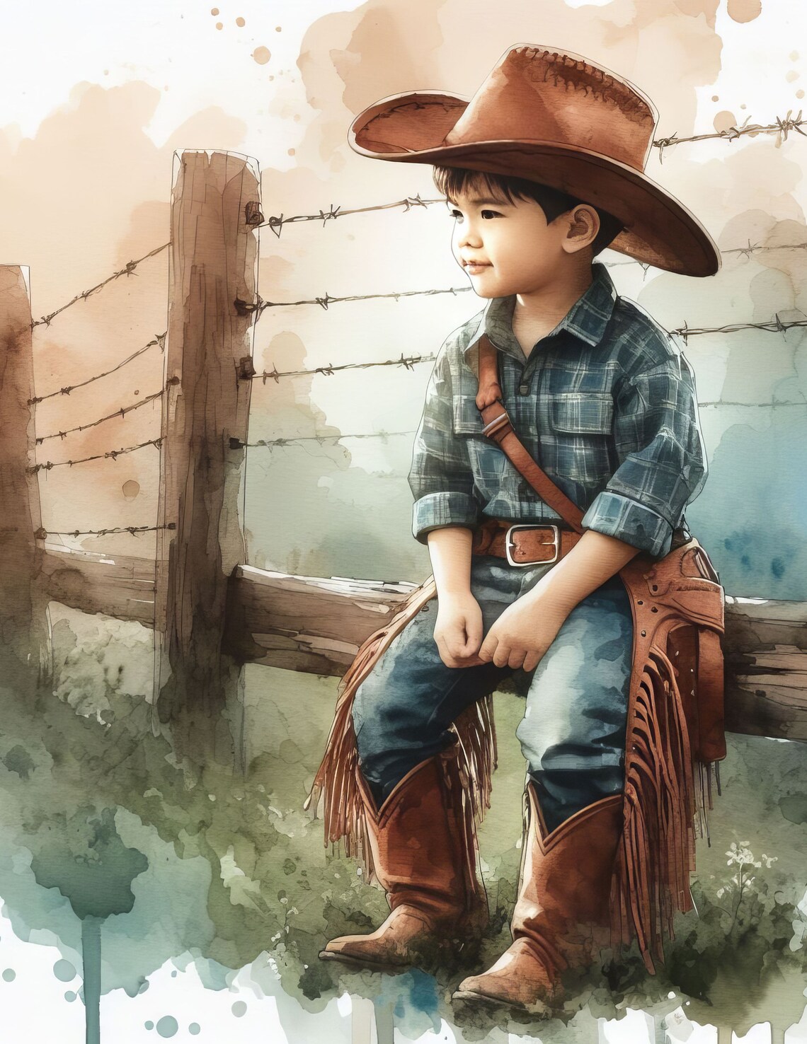 Little Cowboy on a Fence: Clip Art, 10 High Res Watercolor Jpgs, Junk ...