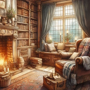 Library With Window Seat Clip Art Bundle 10 High Res Watercolor Jpgs ...