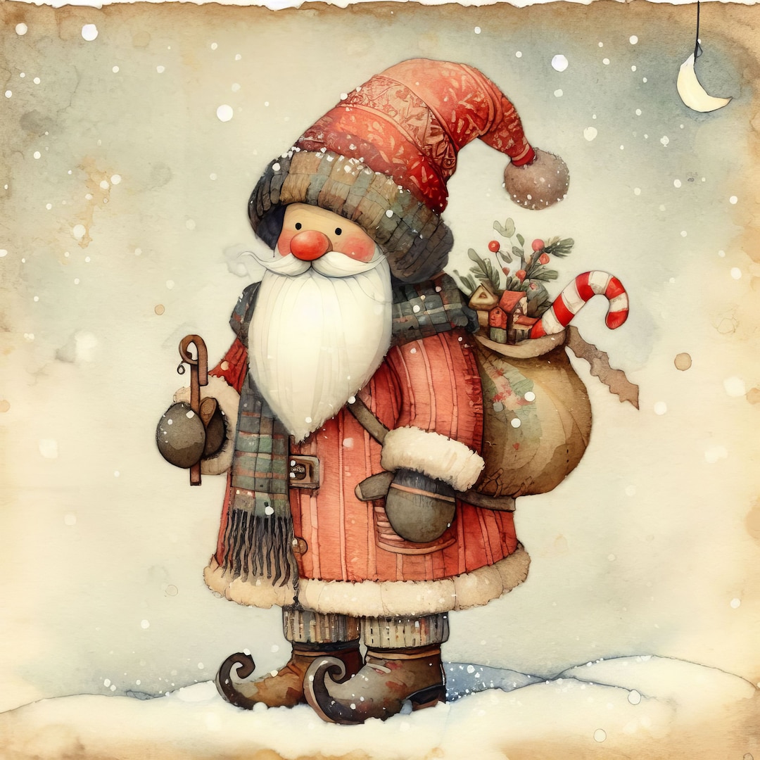 Santa in Snow: Clip Art 10 High Res Watercolor Jpgs for Junk Journaling ...