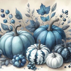 Blue Pumpkins Clip Art 10 High Res Watercolor Jpgs for Junk Journaling ...