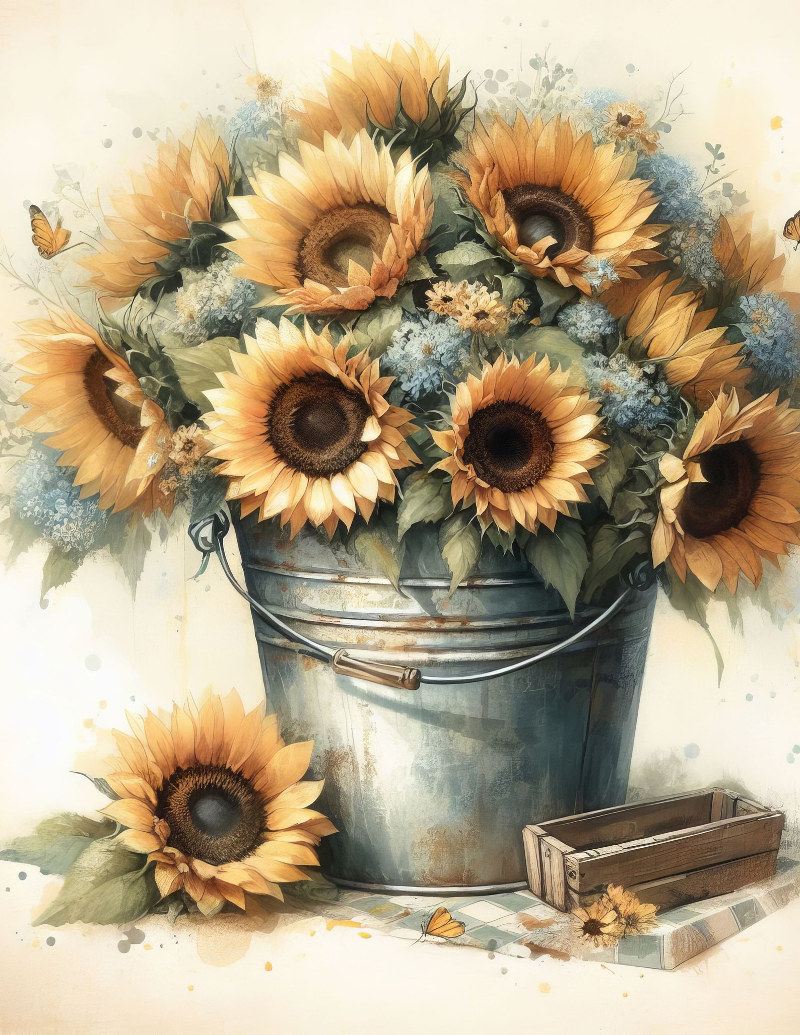 Sunflowers in Pail Clipart Bundle 10 High Res Watercolor Jpgs for Junk ...