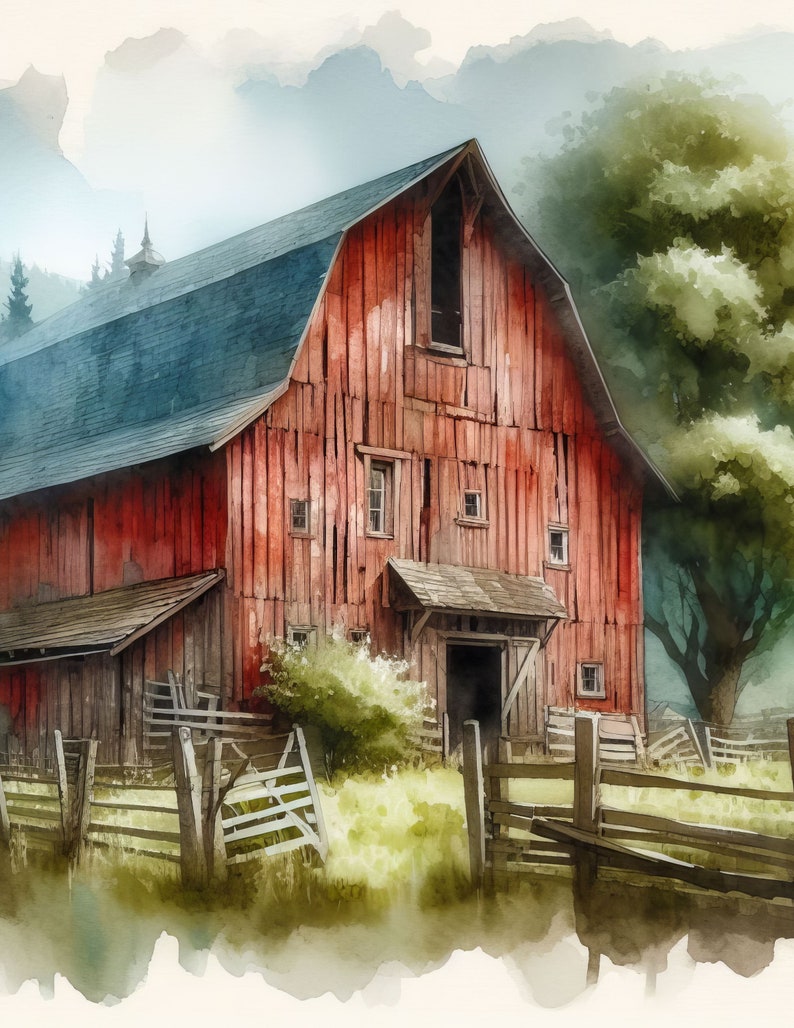 Old Red Barn Clipart Bundle 10 High Res Watercolor Jpgs for Junk Journaling, Scrapbooking, Paper ...