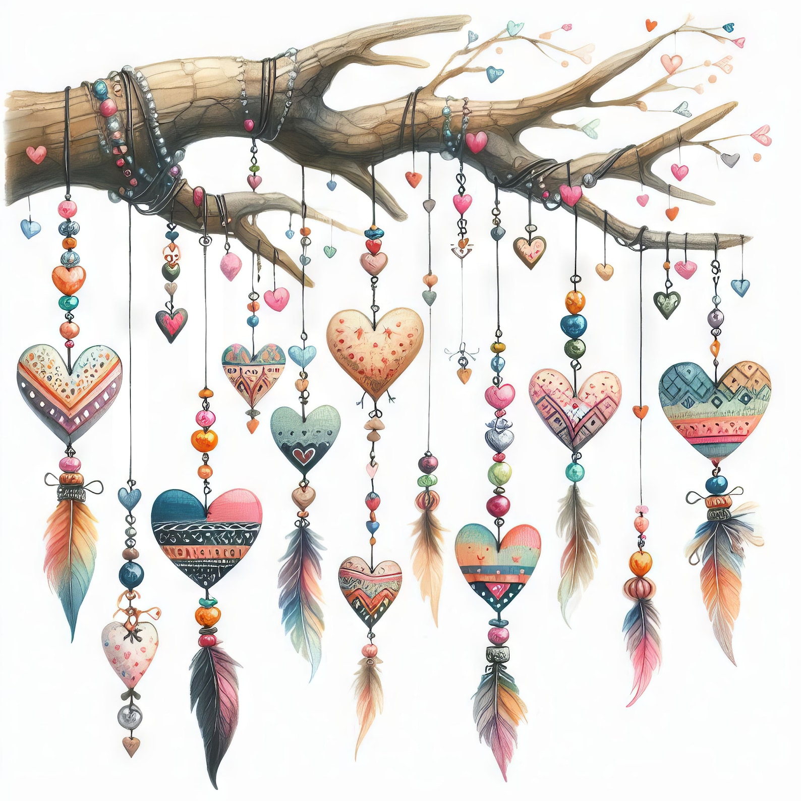 Hanging Boho Hearts Clip Art 10 High Res Watercolor Jpgs for Junk ...