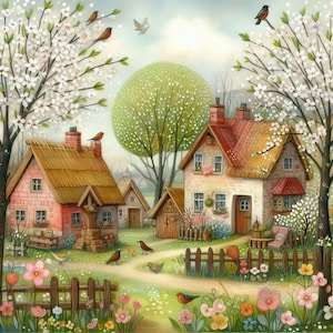 Whimsical Spring Village Art 10 High Res Watercolor Jpgs for Junk ...