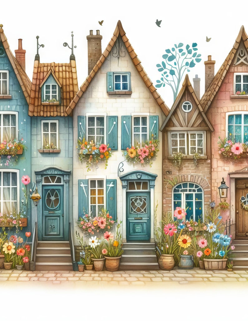 Whimsical Row Houses Clipart Bundle 10 High Res Watercolor Jpgs for Junk Journaling ...
