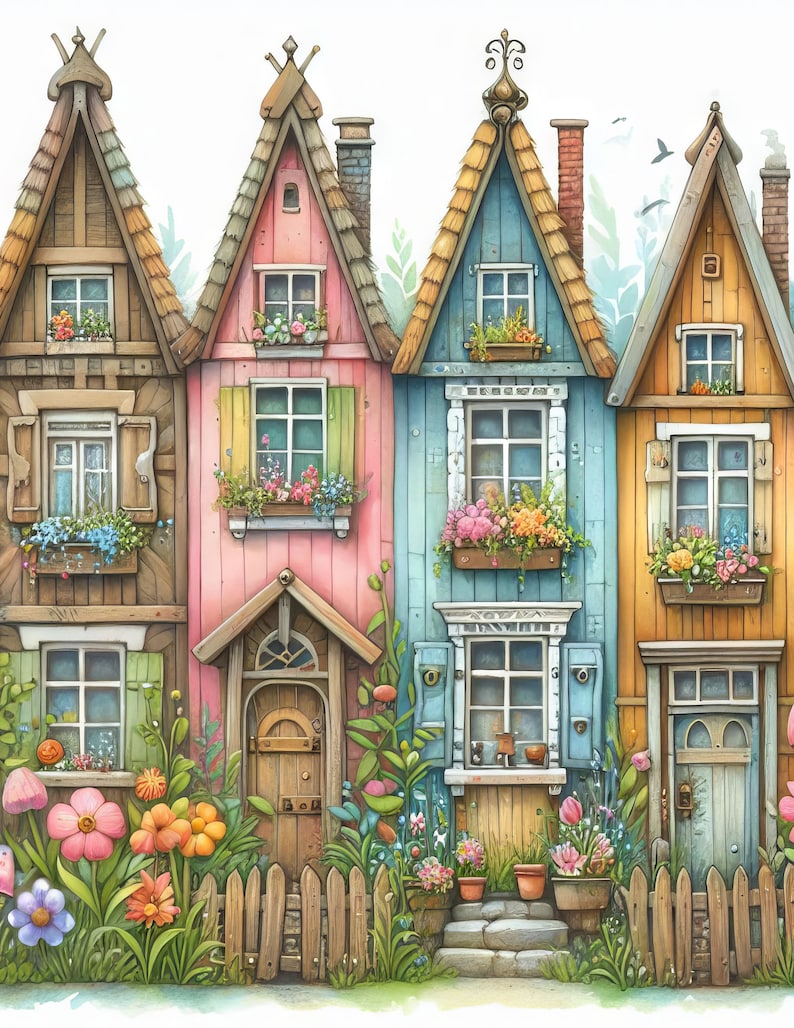 Whimsical Row Houses Clipart Bundle 10 High Res Watercolor Jpgs for Junk Journaling ...