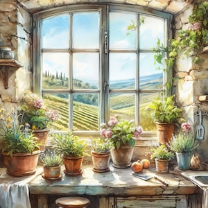 Tuscany Kitchen Window: 10 High Res Watercolor Jpgs, Junk Journaling ...