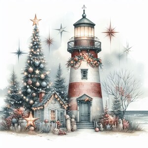 Christmas Lighthouse: Clip Art 10 High Res Watercolor Jpgs Junk ...