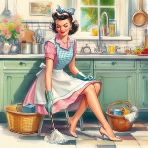 1950's Housewife Cleaning 10 High Res Watercolor Jpgs for Junk ...