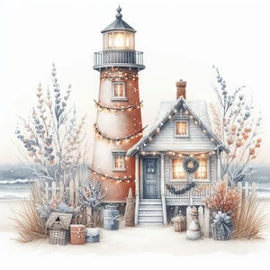 Christmas Lighthouse: Clip Art 10 High Res Watercolor Jpgs Junk ...