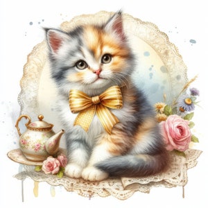 Kitten With Yellow Bow Clip Art Bundle 10 High Res Watercolor Jpgs for ...