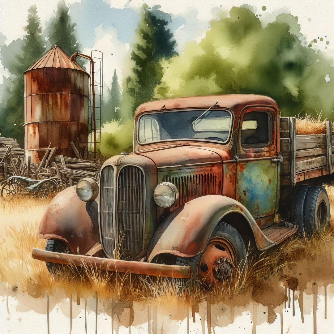 Old Farm Truck Clip Art 10 High Res Watercolor Jpgs for Junk Journaling ...