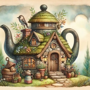 Whimsical Teapot House Clip Art 10 High Res Watercolor Jpgs for Junk ...