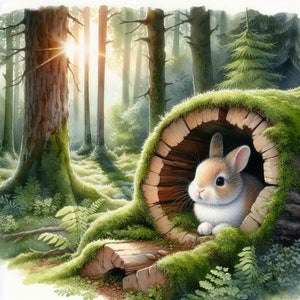 Bunny in a Log Clip Art 10 High Res Watercolor Jpgs for Junk Journaling ...