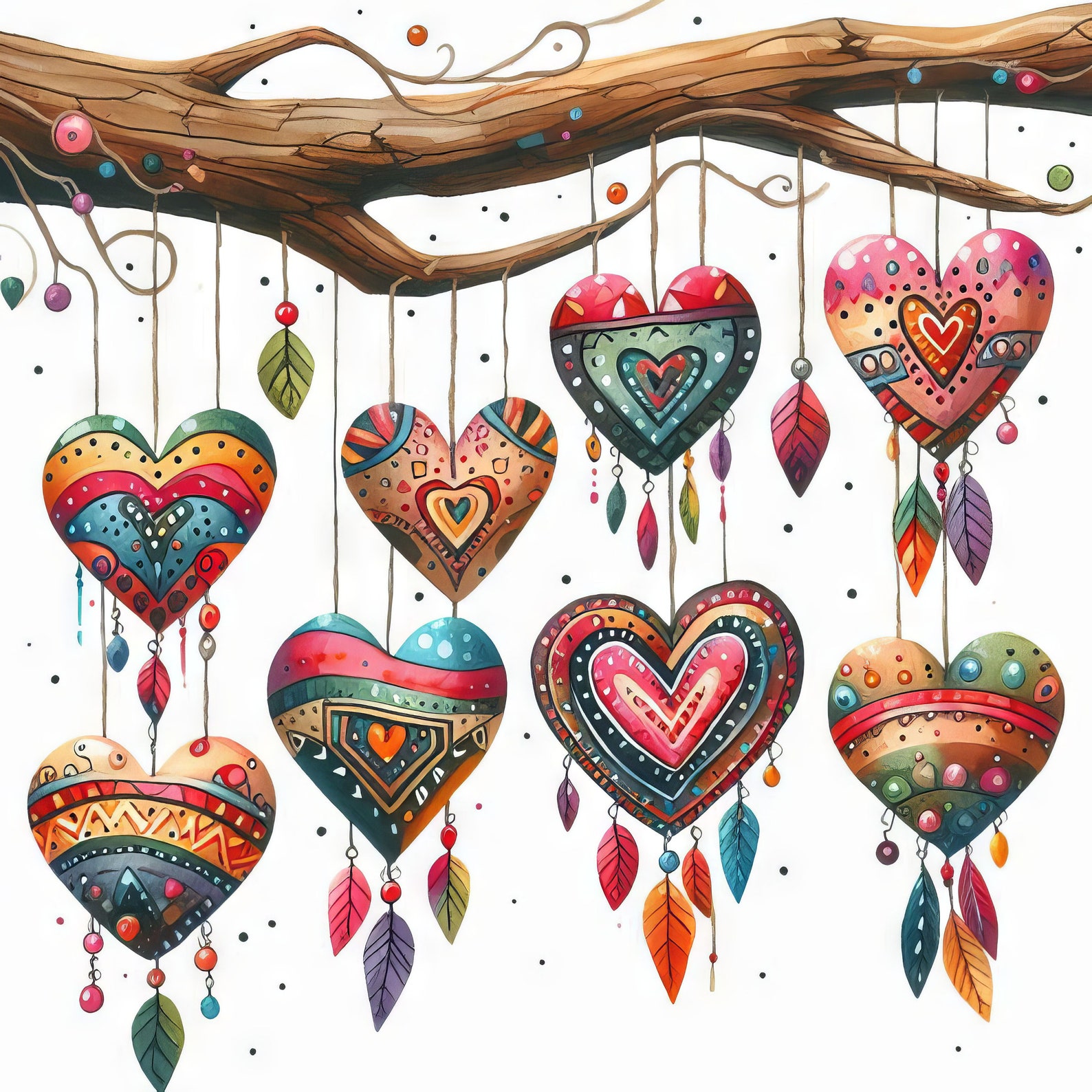 Hanging Boho Hearts Clip Art 10 High Res Watercolor Jpgs for Junk ...