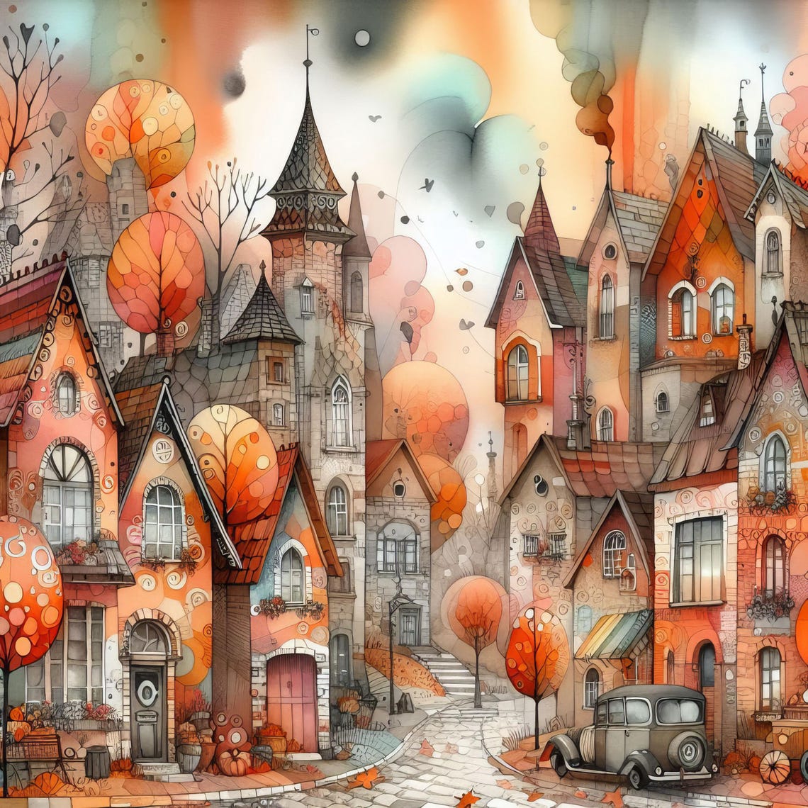 Quirky Fall Town 10 High Res Watercolor Jpgs Junk Journaling ...
