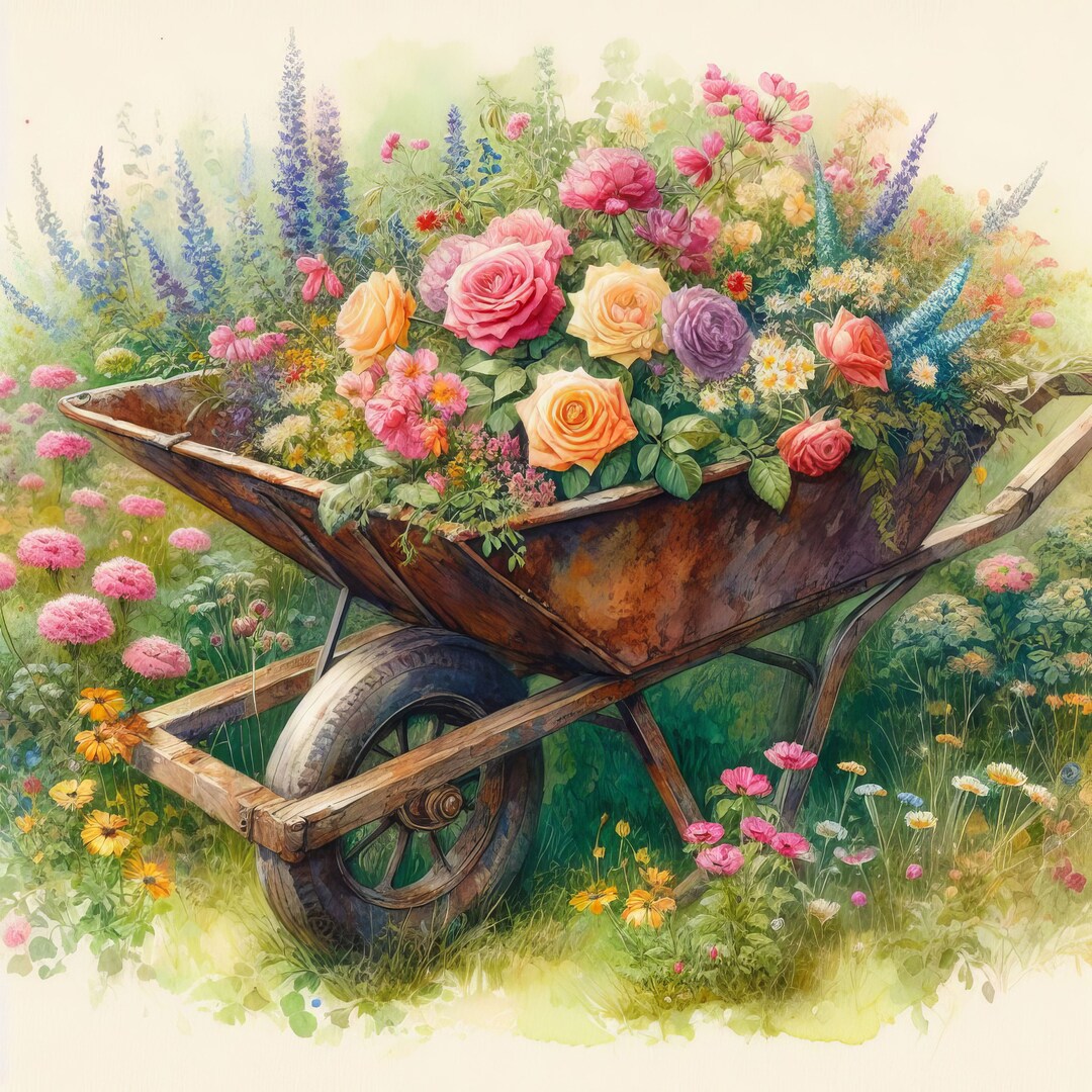 Rusty Wheelbarrow With Flowers Clip Art 10 High Res Watercolor Jpgs for ...