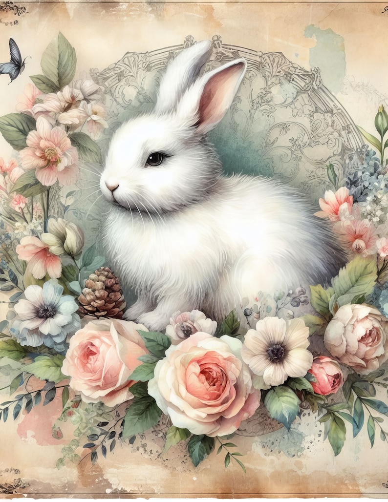Vintage White Rabbit Bundle 10 High Res Watercolor Jpgs for Junk ...