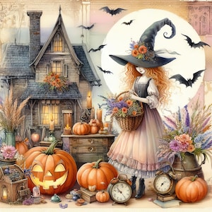 Cute Halloween Witch Clip Art Bundle 10 High Res Watercolor Jpgs for ...
