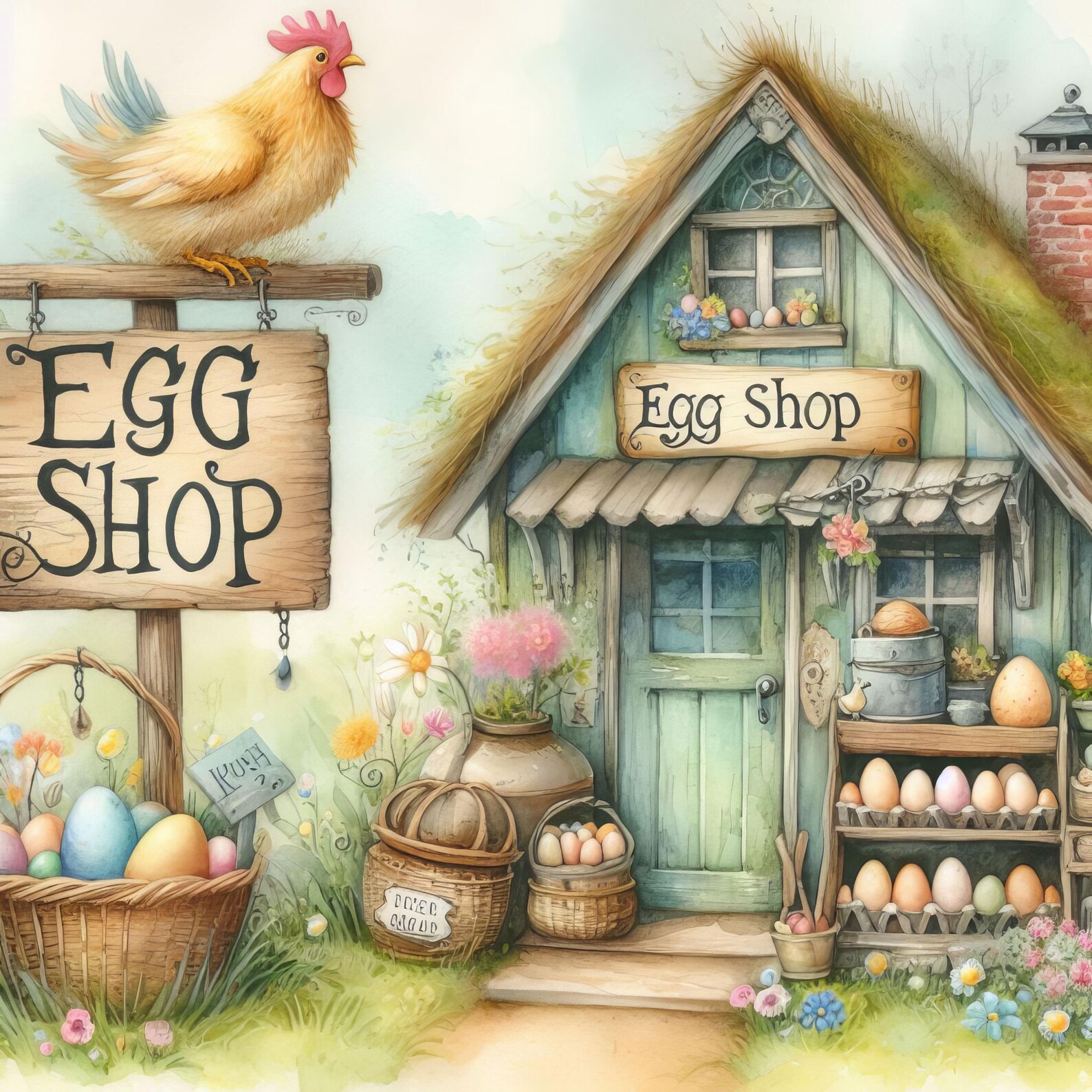 Chicken Egg Shop 10 High Res Watercolor Jpgs Junk Journaling ...