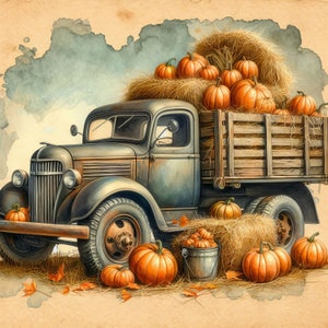 Vintage Farm Truck in Fall Clip Art 10 High Res Watercolor Jpgs for ...