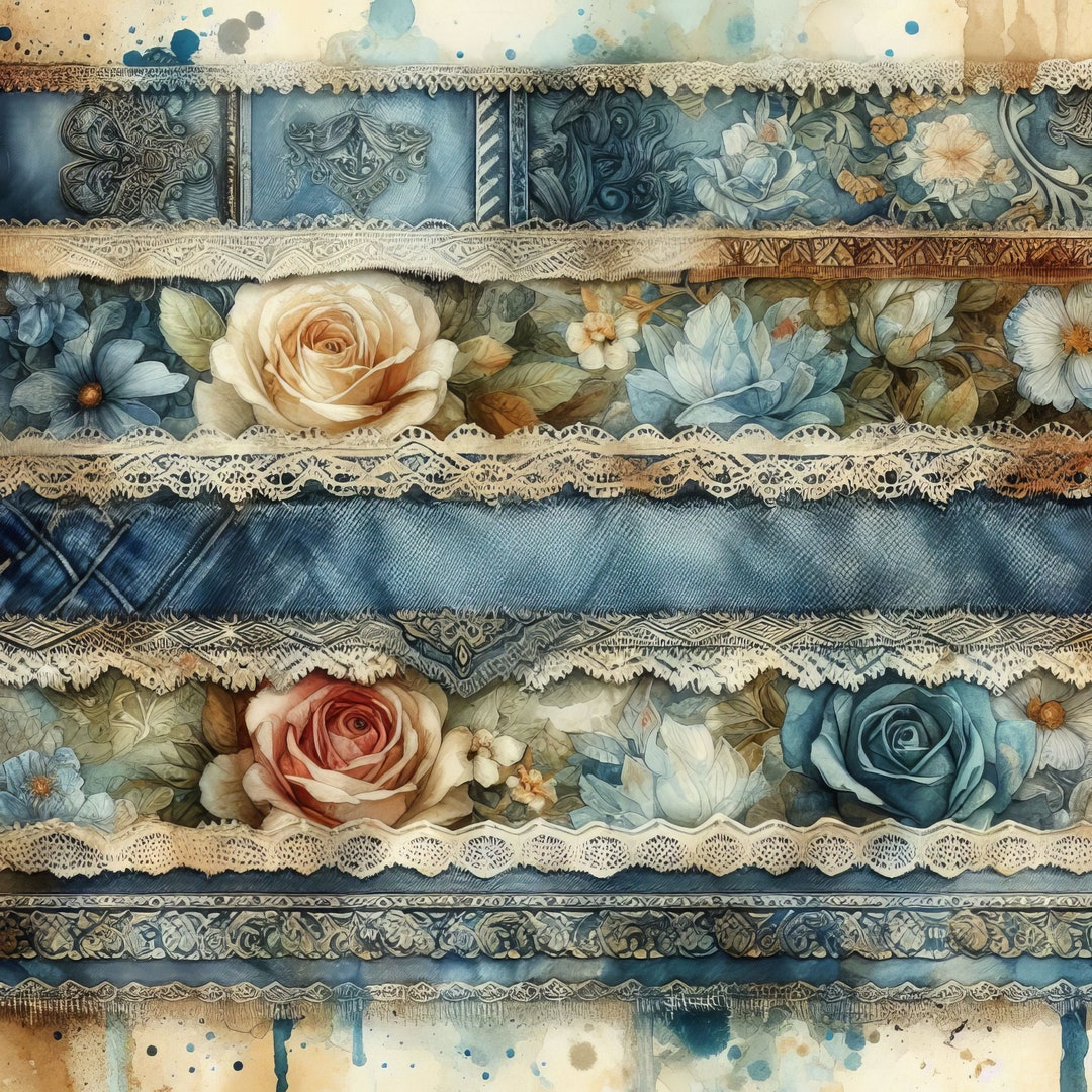 Blue Denim and Lace Clip Art 10 High Res Watercolor Jpgs for Junk ...