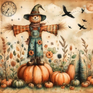 Whimsical Scarecrow in Pumpkin Patch: Clip Art, 10 High Res Watercolor ...