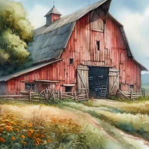 Old Red Barn Clipart Bundle 10 High Res Watercolor Jpgs for Junk Journaling, Scrapbooking, Paper ...