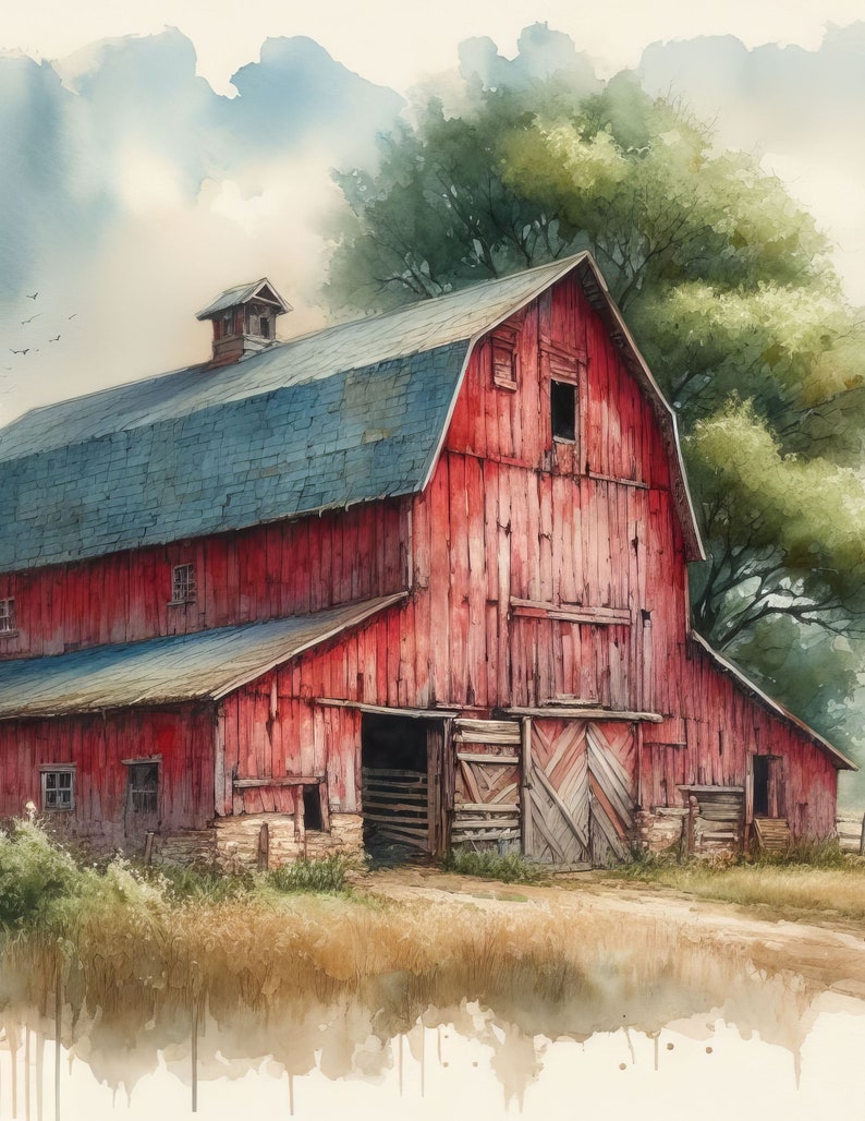 Old Red Barn Clipart Bundle 10 High Res Watercolor Jpgs for Junk Journaling, Scrapbooking, Paper ...