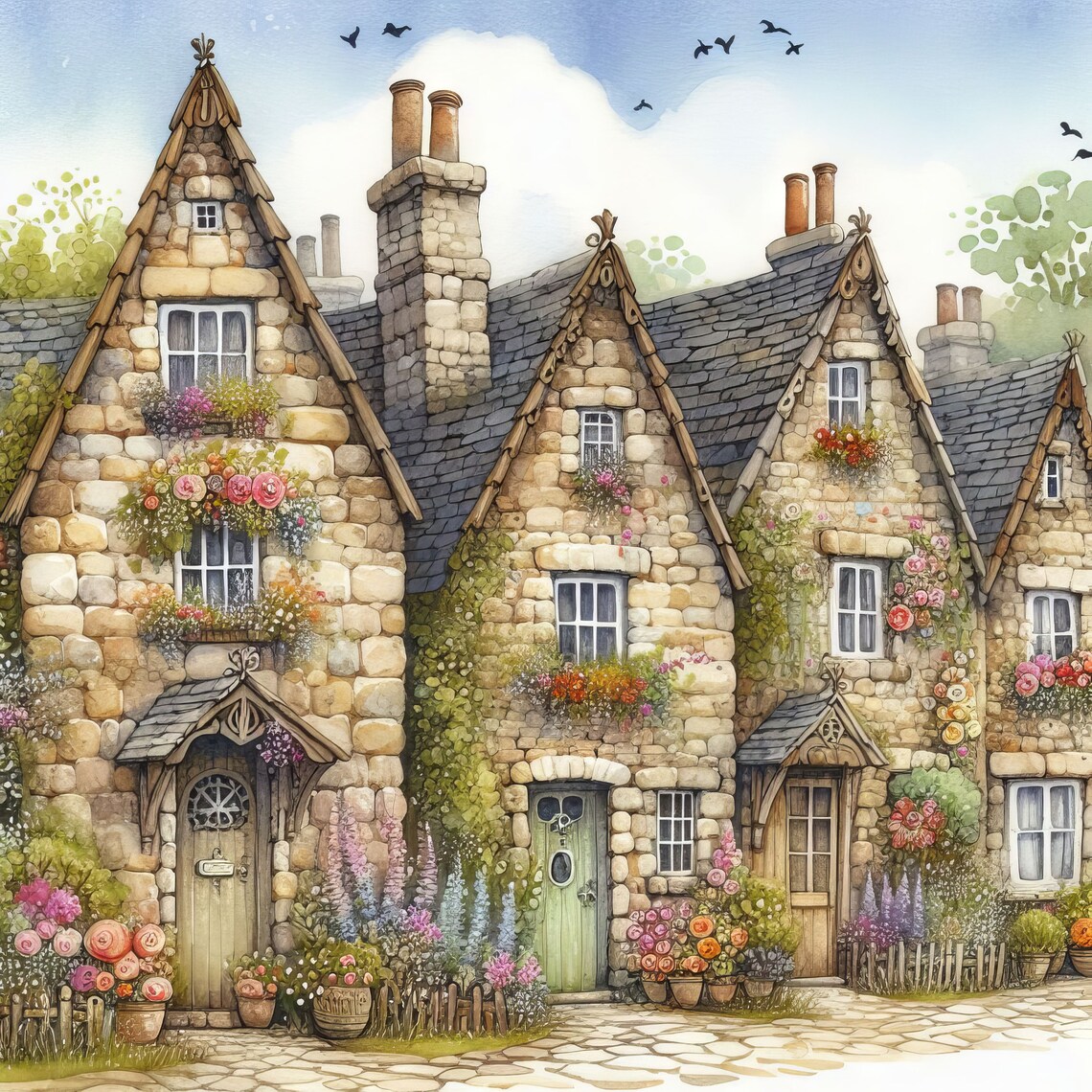 Whimsical Stone Row Houses Clip Art 10 High Res Watercolor Jpgs Junk ...