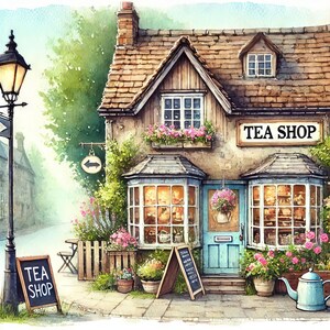Village Tea Shop: 10 High Res Watercolor Jpegs Junk Journaling ...