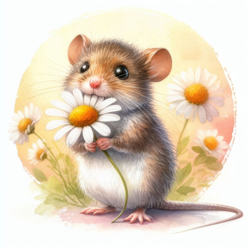 Mouse With Daisy: Clip Art, 10 High Res Watercolor Jpgs, Junk ...