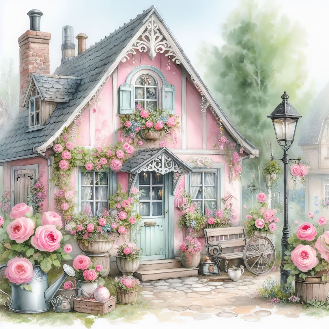 Pink Rose Cottage Clip Art 10 High Res Watercolor Jpgs for Junk ...