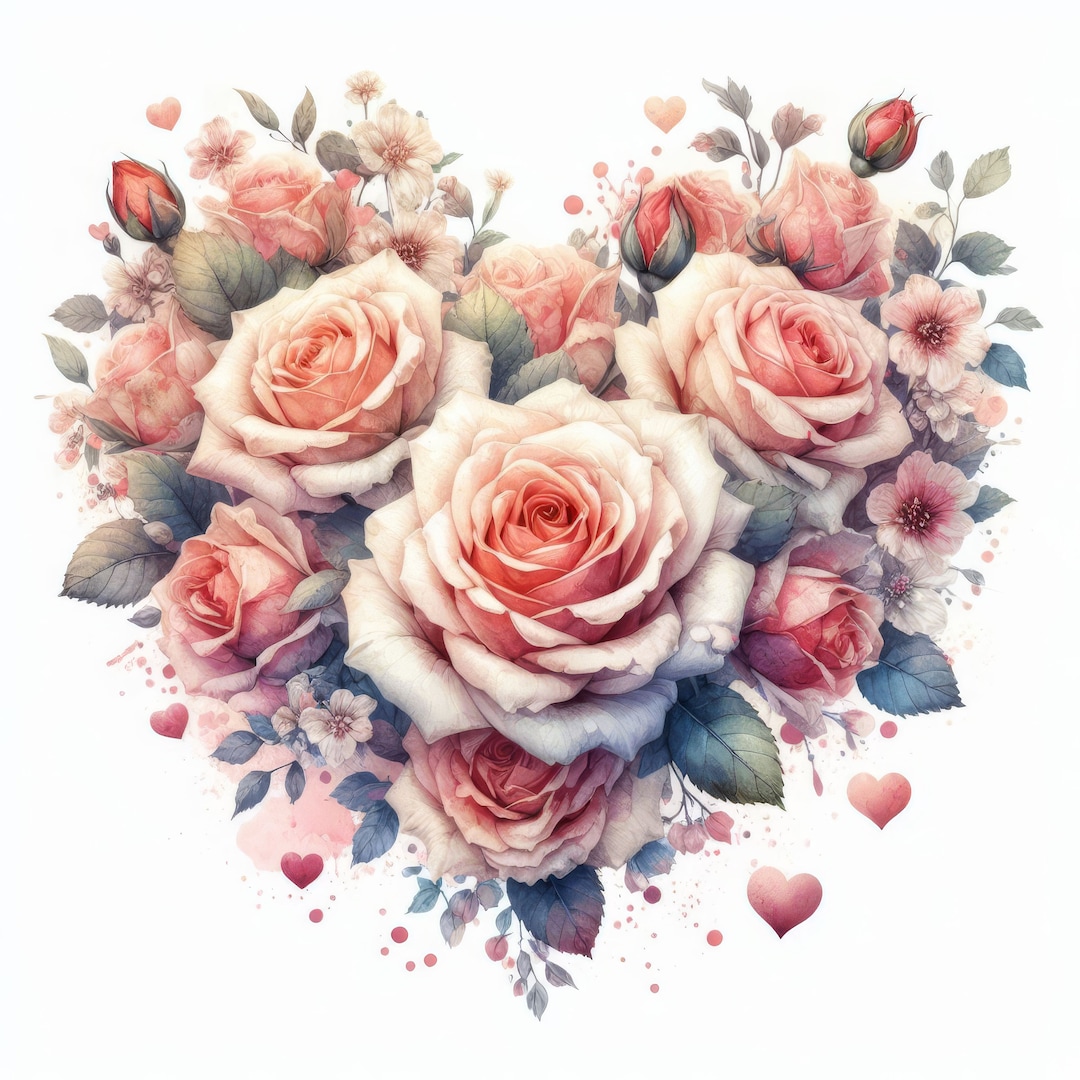 Floral Rose Heart Clip Art Bundle 10 High Res Watercolor Jpgs for Junk ...