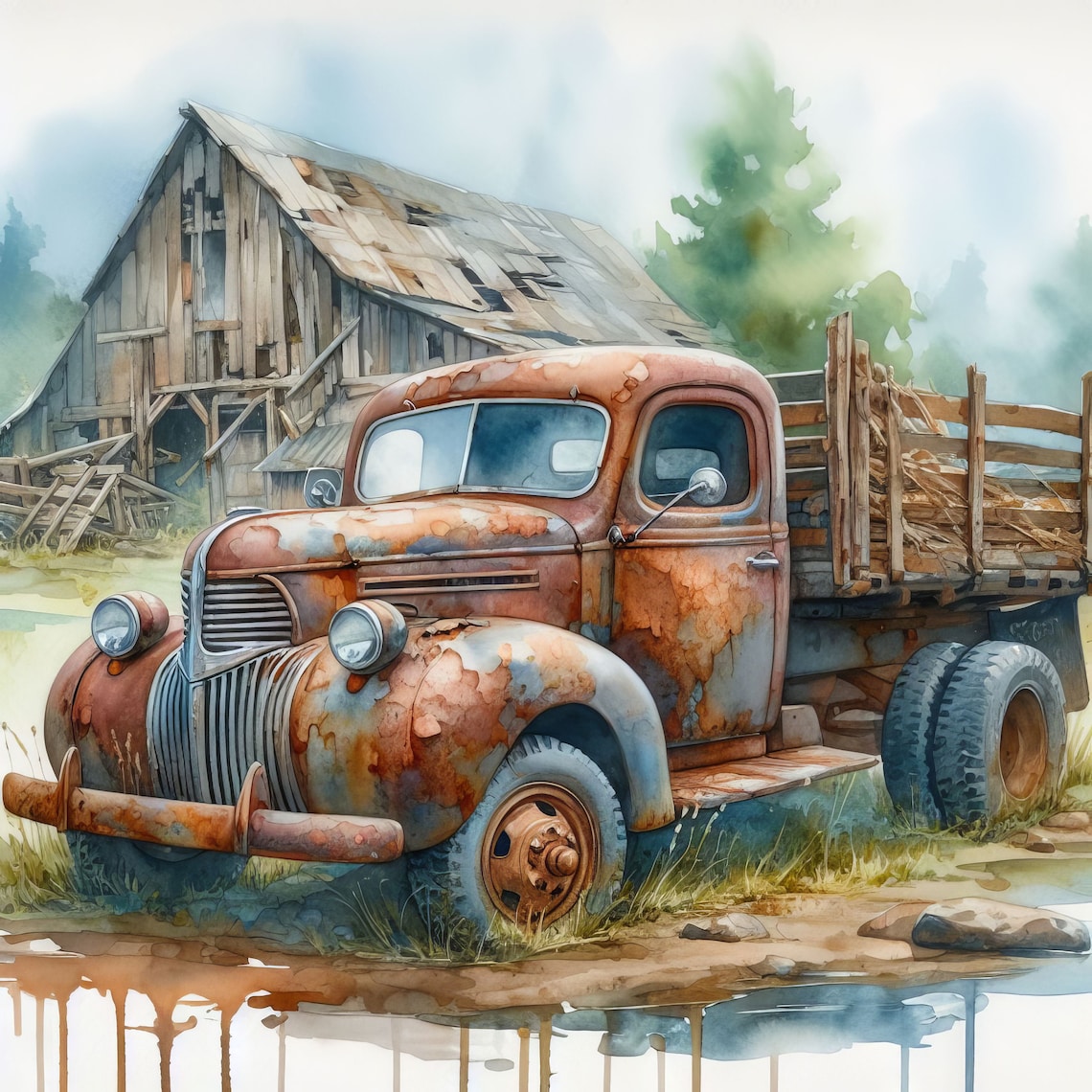 Old Farm Truck Clip Art 10 High Res Watercolor Jpgs for Junk Journaling ...