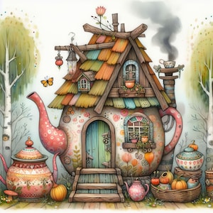 Whimsical Teapot House Clip Art 10 High Res Watercolor Jpgs for Junk ...