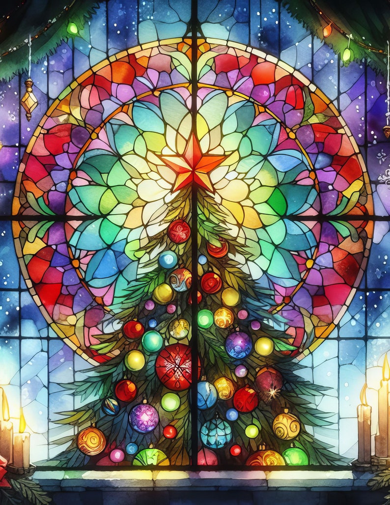 Stained Glass Christmas Tree: Clip Art, 10 High Res Watercolor Jpgs ...
