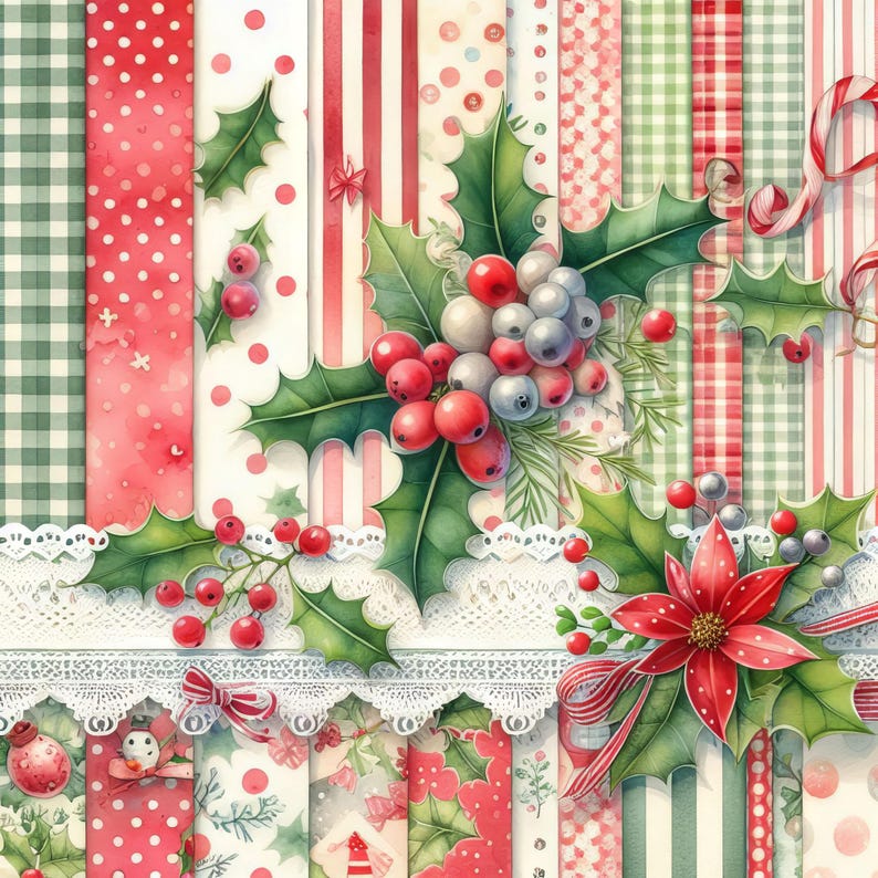 Calico Christmas Holly Berry Paper: 10 High Res Watercolor Jpgs, Junk ...