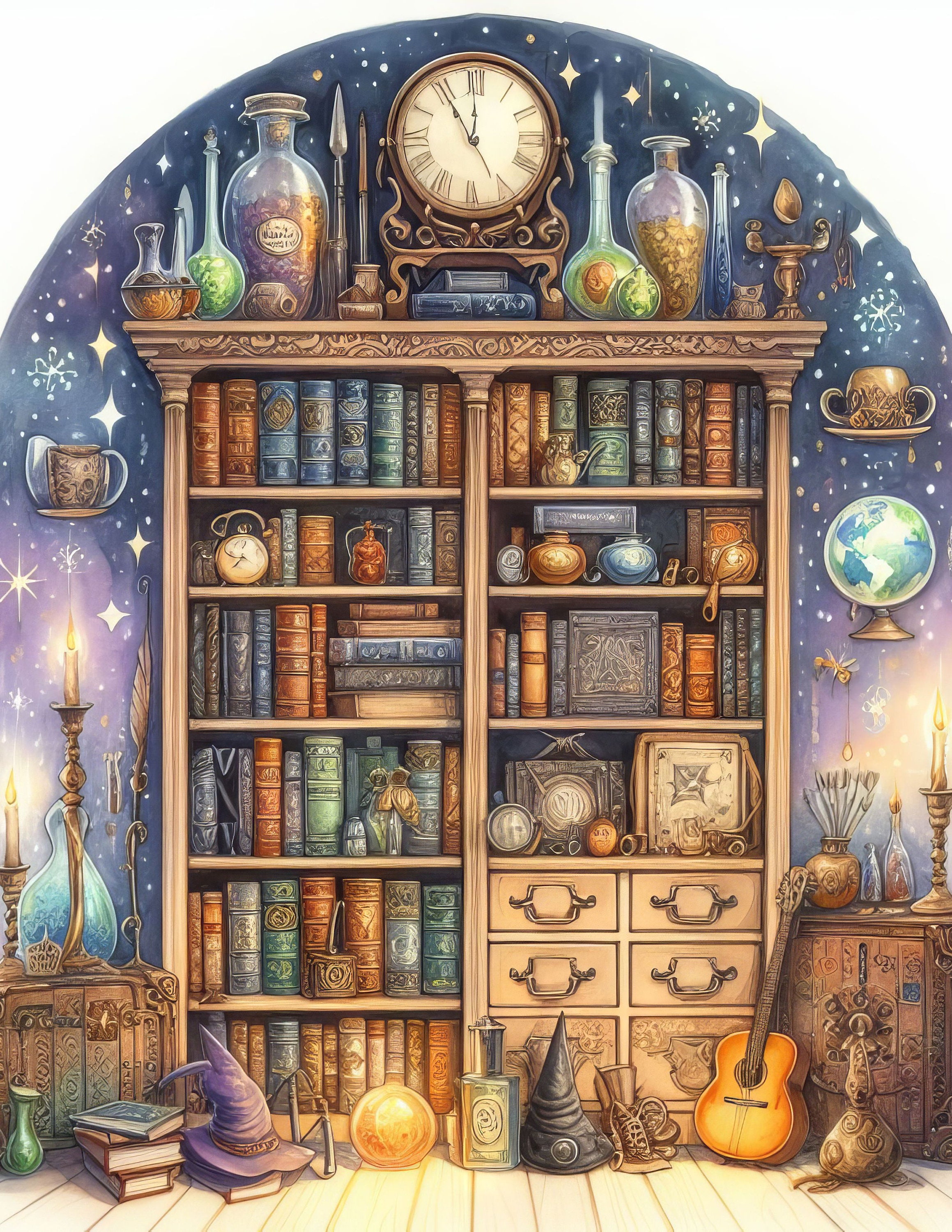 Magical Bookcase 10 High Res Watercolor Jpgs for Junk Journaling, Scrapbook, Crafts, Digital ...