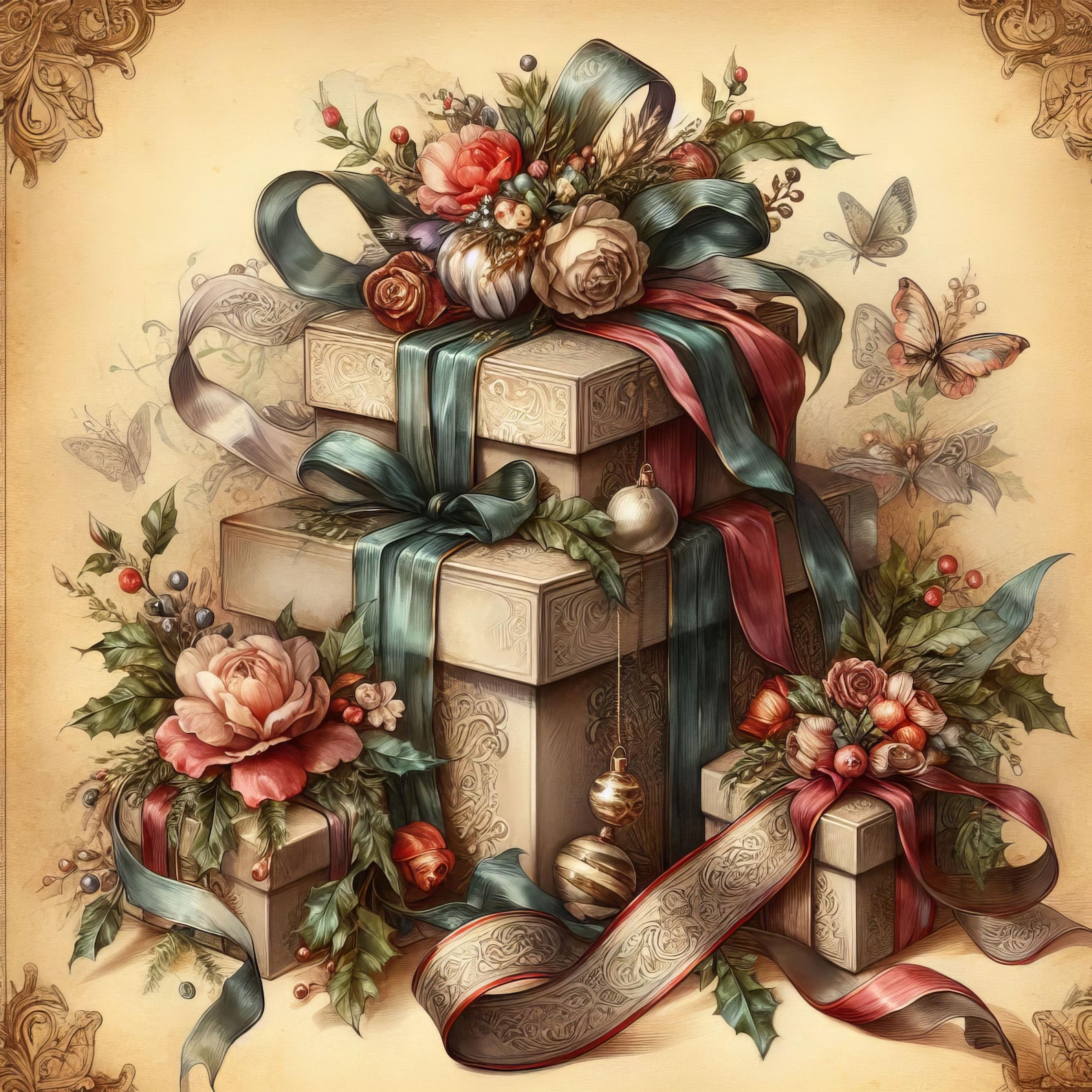 Vintage Christmas Packages: Clip Art, 10 High Res Watercolor Jpgs, Junk ...